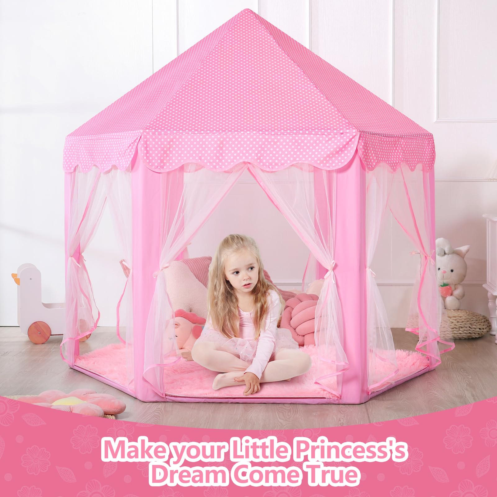 Senodeer Princess Tent for Girls Indoor: with Rug, Star Lights - Pink Play Tent for Kids, Girls Toys for Indoor and Outdoor Games, Princess Castle Playhouse