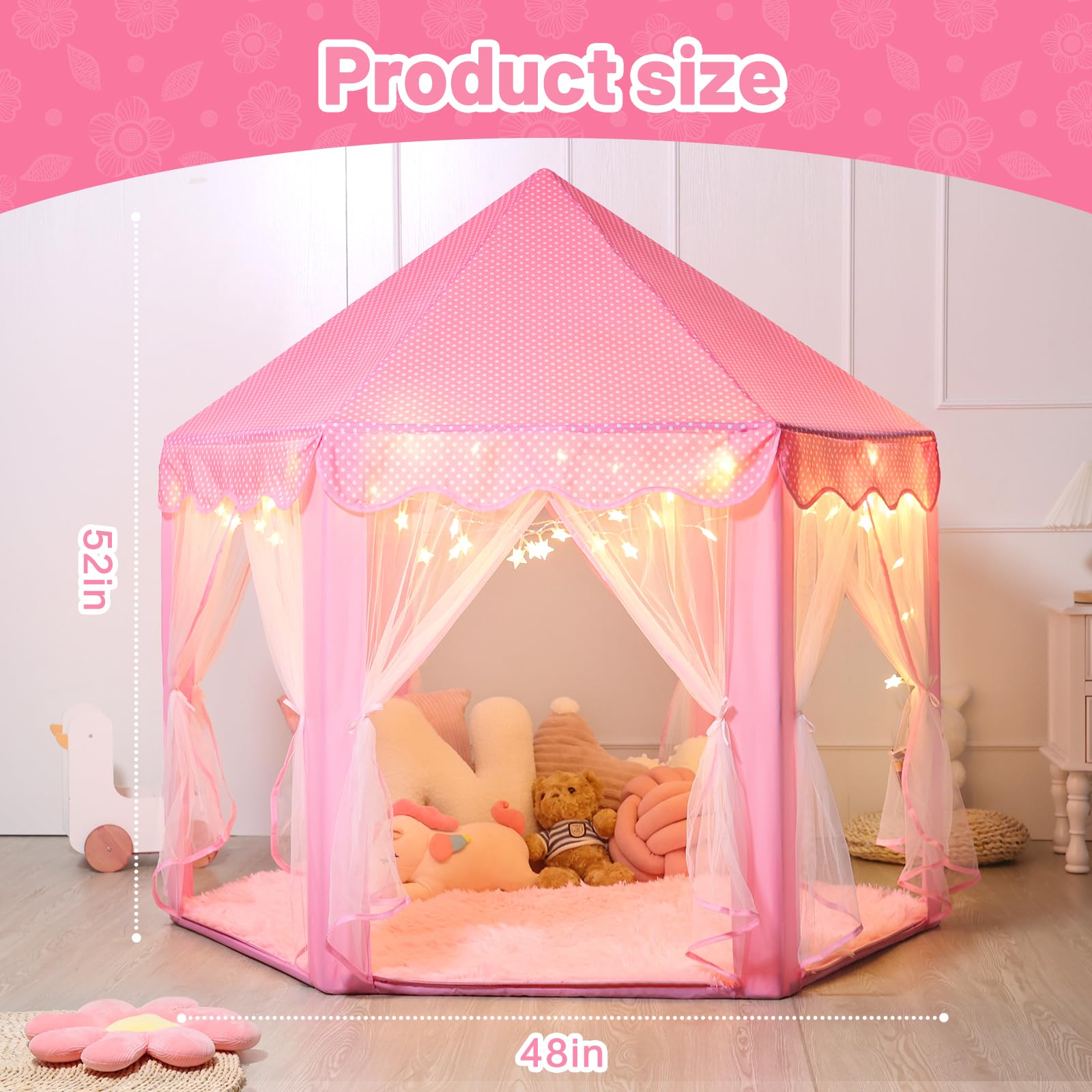 Senodeer Princess Tent for Girls Indoor: with Rug, Star Lights - Pink Play Tent for Kids, Girls Toys for Indoor and Outdoor Games, Princess Castle Playhouse