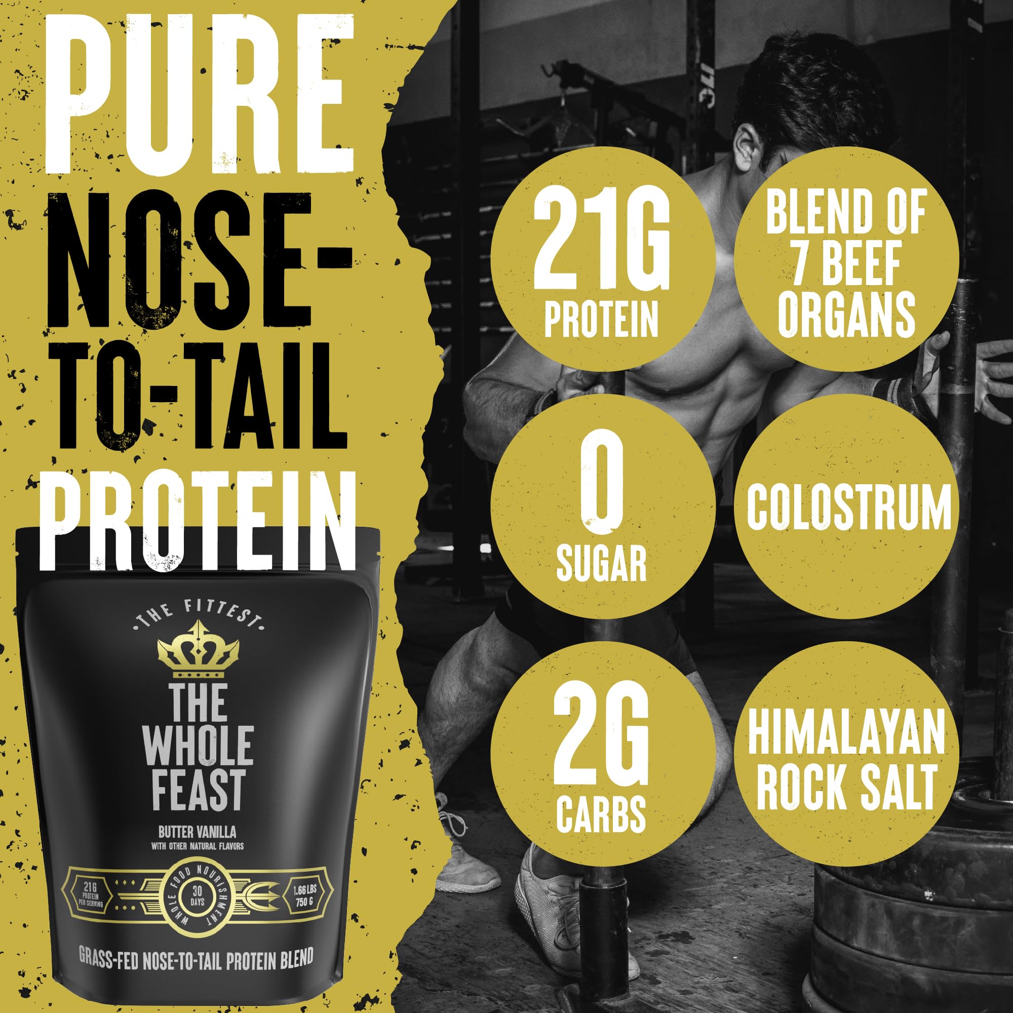 The Fittest Whole Feast Beef Protein Powder - Butter Vanilla - Nose to Tail Carnivore Blend Including Liver, Colostrum and Whole Bone - BCAAs - 14g Collagen - 21g Total Protein