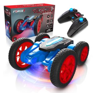 force1 tornado red led remote control car for kids - double sided fast rc car, 4wd off-road stunt car with 360 flips, all terrain tires, leds, rc crawler rechargeable toy car battery, kids car remote