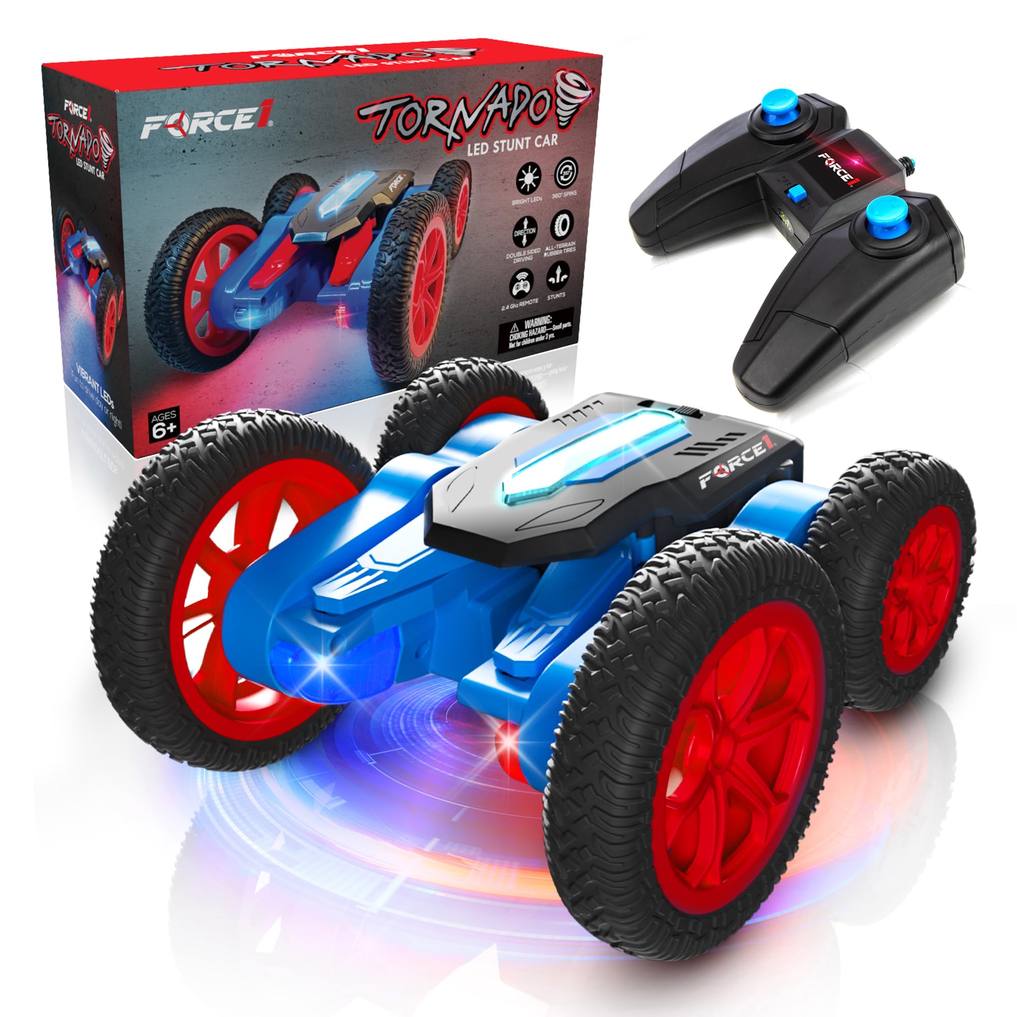 Force1 Tornado Red LED Remote Control Car for Kids - Double Sided Fast RC Car, 4WD Off-Road Stunt Car with 360 Flips, All Terrain Tires, LEDs, RC Crawler Rechargeable Toy Car Battery, Kids Car Remote