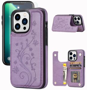 joyaki wallet case compatible with iphone 13 pro max,slim protective case with card holder,pu leather kickstand card slots case with a free screen protective glass for iphone 13 promax(6.7")-purple