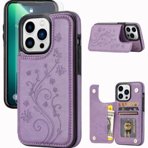 JOYAKI Wallet Case Compatible with iPhone 13 Pro Max,Slim Protective case with Card Holder,PU Leather Kickstand Card Slots Case with a Free Screen Protective Glass for iPhone 13 Promax(6.7")-Purple