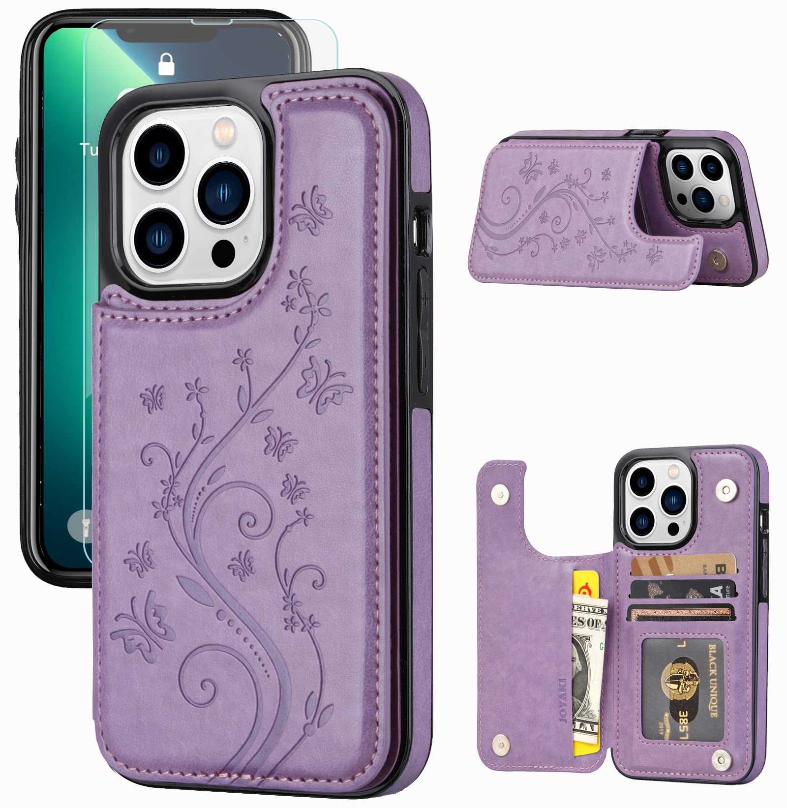 JOYAKI Wallet Case Compatible with iPhone 13 Pro Max,Slim Protective case with Card Holder,PU Leather Kickstand Card Slots Case with a Free Screen Protective Glass for iPhone 13 Promax(6.7")-Purple