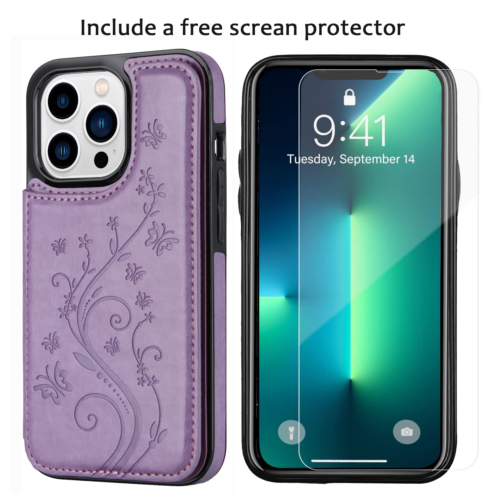 JOYAKI Wallet Case Compatible with iPhone 13 Pro Max,Slim Protective case with Card Holder,PU Leather Kickstand Card Slots Case with a Free Screen Protective Glass for iPhone 13 Promax(6.7")-Purple