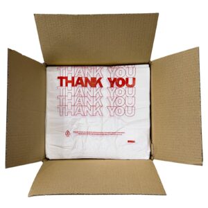 tashibox plastic bags with handles，thank you bags，measures 11.5" x 6.25" x 21", 15mic, 0.6 mil (400 count),reusable and disposable grocery bags