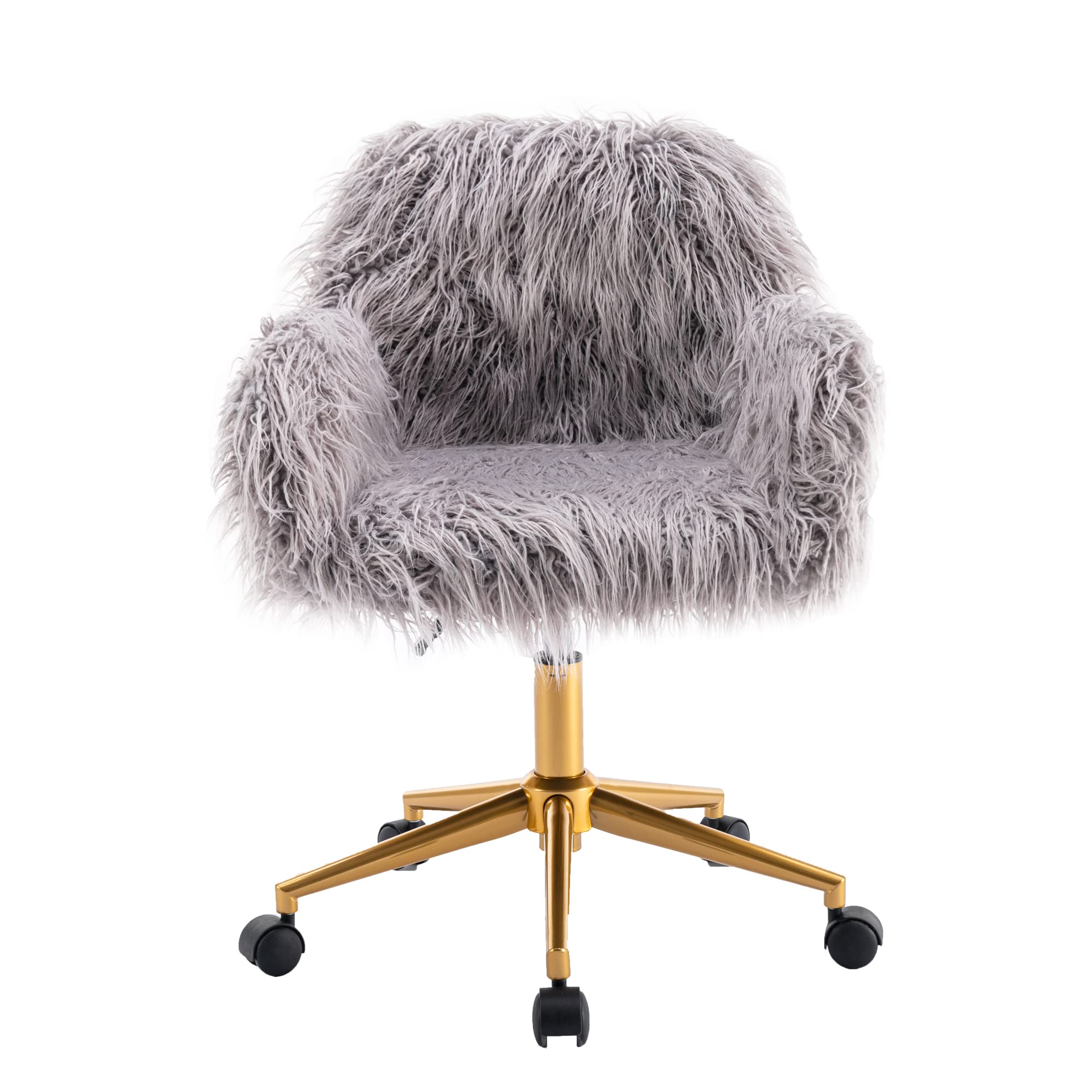 Grey Faux Fur Desk Chair, Cute Upholstered Padded Seat, Vanity Accent Modern Height Adjustable Swivel Office Chair for Living Room Makeup Home Office Bedroom (Grey)