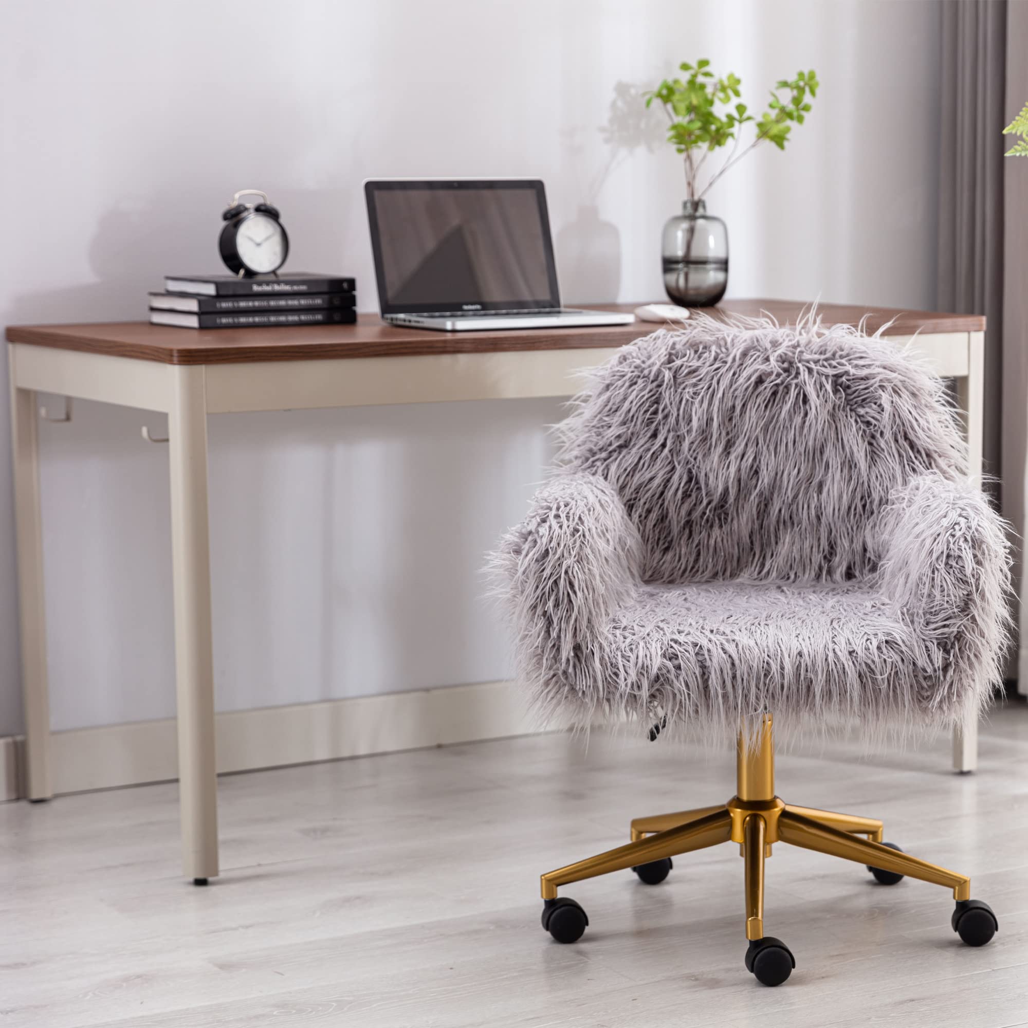 Grey Faux Fur Desk Chair, Cute Upholstered Padded Seat, Vanity Accent Modern Height Adjustable Swivel Office Chair for Living Room Makeup Home Office Bedroom (Grey)