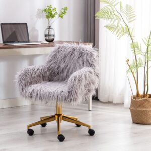 Grey Faux Fur Desk Chair, Cute Upholstered Padded Seat, Vanity Accent Modern Height Adjustable Swivel Office Chair for Living Room Makeup Home Office Bedroom (Grey)