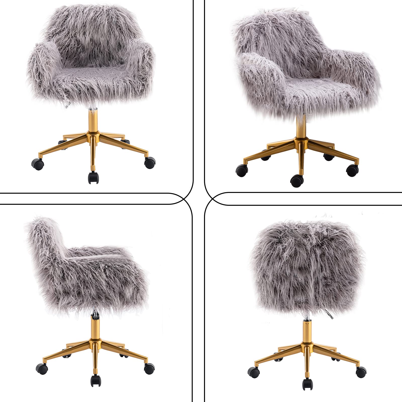 Grey Faux Fur Desk Chair, Cute Upholstered Padded Seat, Vanity Accent Modern Height Adjustable Swivel Office Chair for Living Room Makeup Home Office Bedroom (Grey)