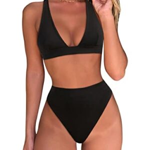 fatty tiger Womens High Waisted Thong Bikini Sets Sexy Brazilian Triangle Top Deep V Neck Two Piece Swimsuit Bathing Suits (Black, Large)