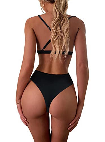 fatty tiger Womens High Waisted Thong Bikini Sets Sexy Brazilian Triangle Top Deep V Neck Two Piece Swimsuit Bathing Suits (Black, Large)