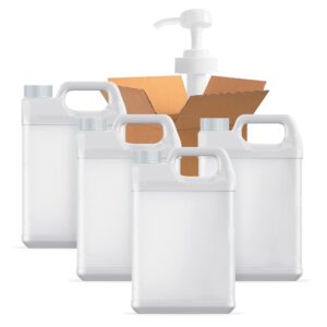 hwl 1-gallon plastic f-style jug (4-pack) reusable w/ shipping box, food-safe, bpa free | heavy-duty hdpe containers for water, sauces, soaps, detergents, liquids | screw-on cap