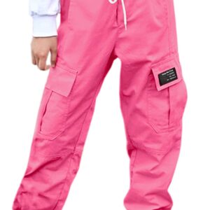 AOWKULAE Women Cargo Pants, Tapered Joggers Drawstring Elastic Waist Loose Pants with Pockets for Women, Rose Pink, Size US Medium