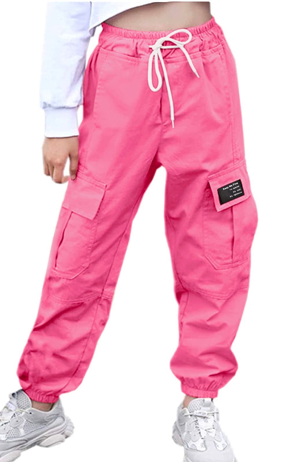 AOWKULAE Women Cargo Pants, Tapered Joggers Drawstring Elastic Waist Loose Pants with Pockets for Women, Rose Pink, Size US Medium