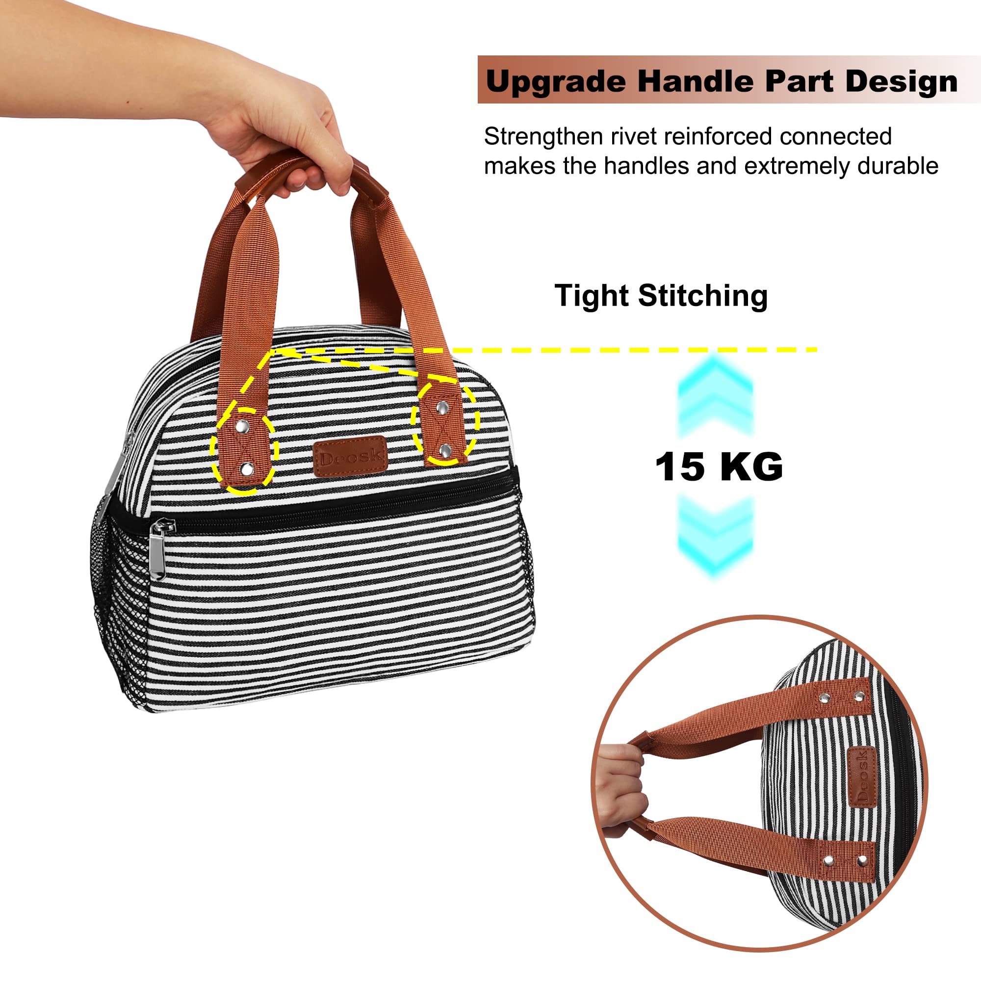 Lunch Bag for Women Freezable Lunch Tote Bag Organizer Reusable Cooler Lunch Box for Adult Outdoor Work,School and Picnic Insulated Lunch Bag with Pocket (Strip)