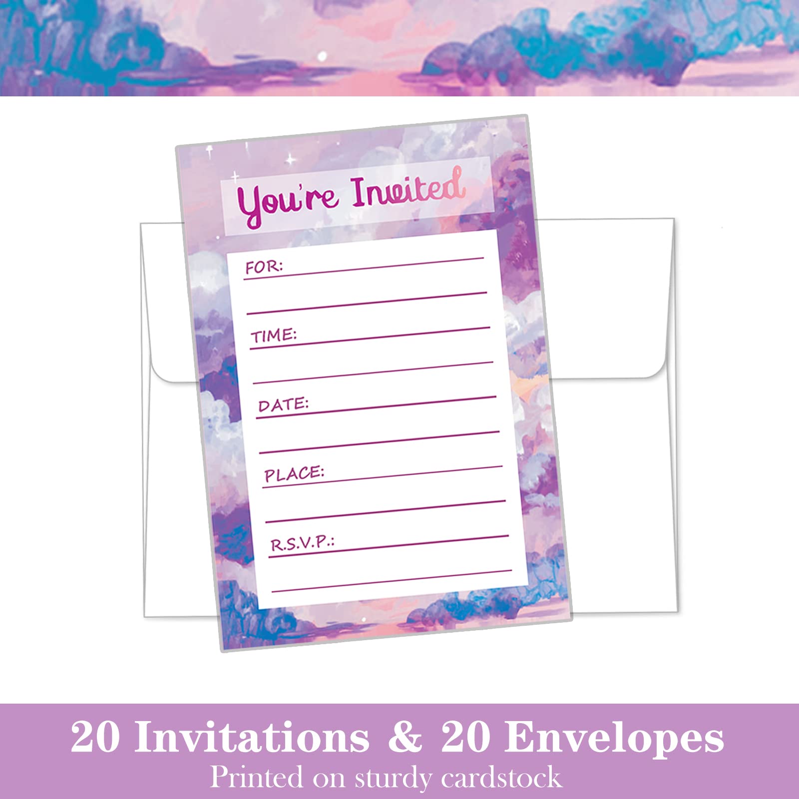 Raykeeplus Birthday Invitations Birthday Invitations Girl (20 Cards with 20 Envelopes) -Birthday Party Invitations for Girls, Kids, Adults, Party Supplies 6.3 Inches X 4.3 Inches-Watercolor