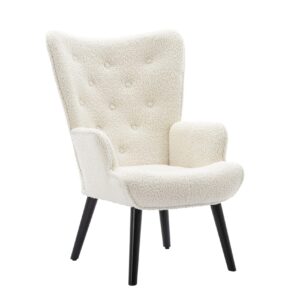 dolonm modern accent chair tufted button wingback reading chair with arms upholstered tall back teddy fleece fabric chair with solid wood legs for living room bedroom waiting room (white)