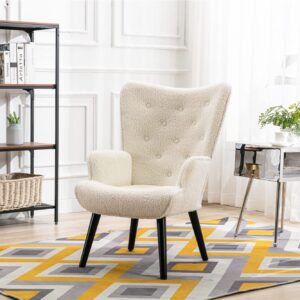 Dolonm Modern Accent Chair Tufted Button Wingback Reading Chair with Arms Upholstered Tall Back Teddy Fleece Fabric Chair with Solid Wood Legs for Living Room Bedroom Waiting Room (White)