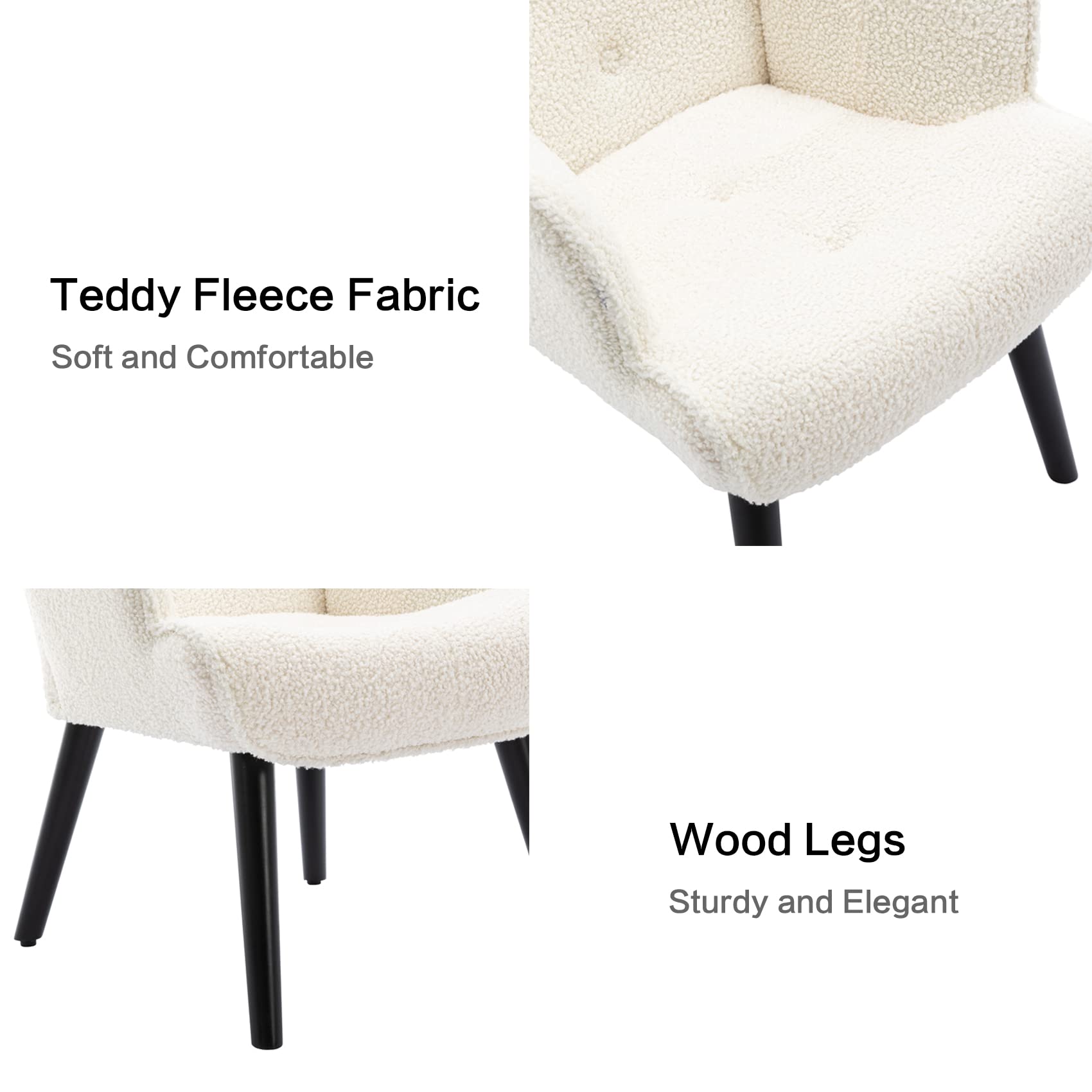 Dolonm Modern Accent Chair Tufted Button Wingback Reading Chair with Arms Upholstered Tall Back Teddy Fleece Fabric Chair with Solid Wood Legs for Living Room Bedroom Waiting Room (White)