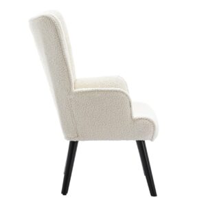 Dolonm Modern Accent Chair Tufted Button Wingback Reading Chair with Arms Upholstered Tall Back Teddy Fleece Fabric Chair with Solid Wood Legs for Living Room Bedroom Waiting Room (White)