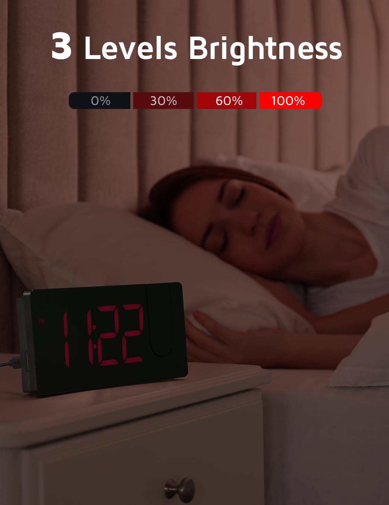 GOLOZA Projection Alarm Clock, Digital Clock with Modern Curved Design 180° Rotatable Projector, 3-Level Brightness Dimmer, Clear Red LED Display, Progressive Volume, 9mins Snooze,12/24H, for Bedroom