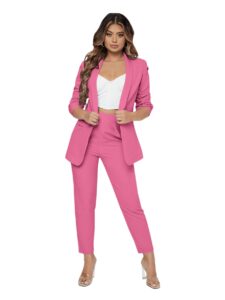 sweatyrocks women's 2 piece solid ruched sleeve blazer and pants business office suit set hot pink s