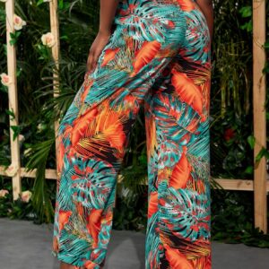 WDIRARA Women's Tropical Print High Elastic Waisted Wide Leg Loose Pants Trousers Multicolored S