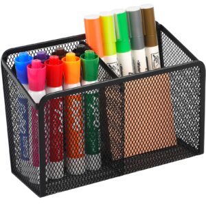 maxgear magnetic pen holder, mesh pencil holder for desk storage basket organizer marker holder - extra strong magnets perfect for locker accessories, refrigerator, whiteboard, 2 basket