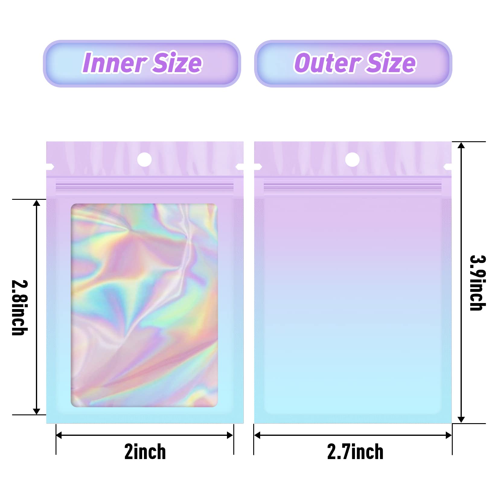 Funfery 100 Pack Gradient Holographic Bags,Mylar Resealable Bags with Zipper,Clear Window Packaging Pouch,Smell Proof Plastic Bags for Food Storage,Sample Jewelry Baggies(2.7×3.9In,Purple Blue)