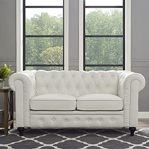 Naomi Home Chesterfield Sofa Set Living Room Chair Juegos Leather Couch Sofa Chair for Bedroom Modern Chesterfield Tufted Leather Chair Leather Sofas for Living Room (3 Piece Sofa Set, White)