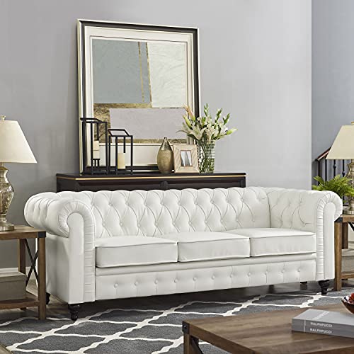 Naomi Home Chesterfield Sofa Set Living Room Chair Juegos Leather Couch Sofa Chair for Bedroom Modern Chesterfield Tufted Leather Chair Leather Sofas for Living Room (3 Piece Sofa Set, White)