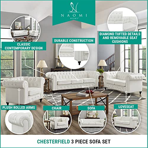 Naomi Home Chesterfield Sofa Set Living Room Chair Juegos Leather Couch Sofa Chair for Bedroom Modern Chesterfield Tufted Leather Chair Leather Sofas for Living Room (3 Piece Sofa Set, White)