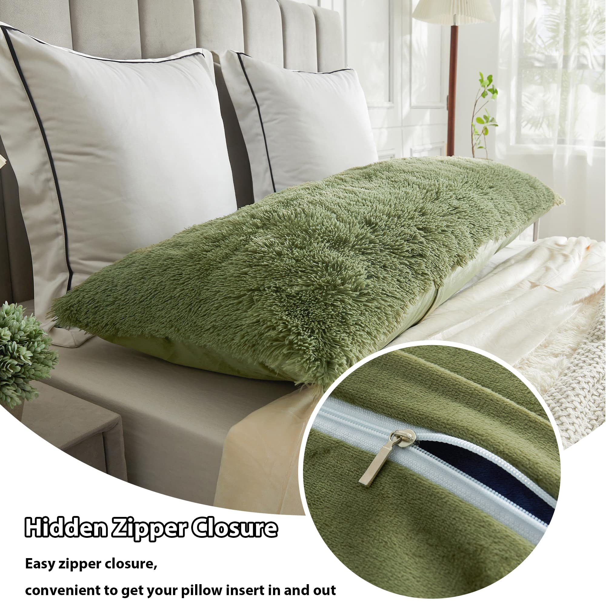 LIFEREVO Faux Fur Body Pillow Cover with Zipper Closure,Sage Green Luxury Shaggy Ultra Soft Velvet Pillowcase 20"x54",Microfiber Long Pillowshams for Sofas,Beds and Home Decoration(Sage Green)