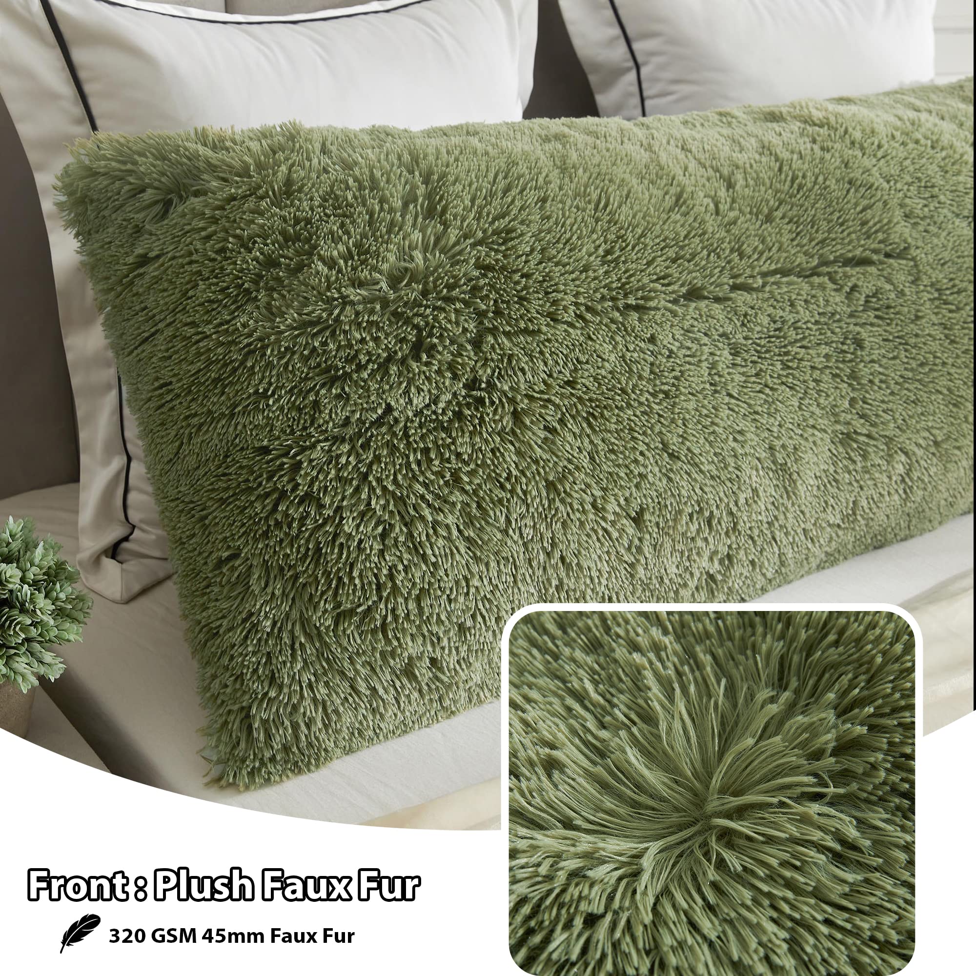 LIFEREVO Faux Fur Body Pillow Cover with Zipper Closure,Sage Green Luxury Shaggy Ultra Soft Velvet Pillowcase 20"x54",Microfiber Long Pillowshams for Sofas,Beds and Home Decoration(Sage Green)