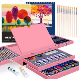 85 piece deluxe wooden art supplies, art kit with easel and acrylic pad, art set for teens, adults and artist beginners, creative gift box with wooden case, sketching pencils, artist brushes