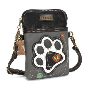 chala cell phone crossbody purse-women pu leather/canvas multicolor handbag with adjustable strap - paw print - b&w -gray