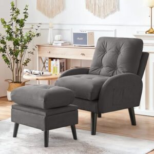 SENYUN Accent Chair with Ottoman, Comfy Living Room Chair and Storage Ottoman Set, Adjustable Extra-Thick Padded Backrest & Side Pocket, Lazy Sofa Chair for Bedroom