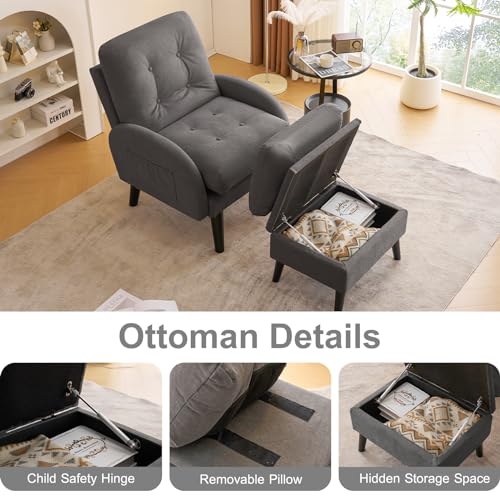 SENYUN Accent Chair with Ottoman, Comfy Living Room Chair and Storage Ottoman Set, Adjustable Extra-Thick Padded Backrest & Side Pocket, Lazy Sofa Chair for Bedroom