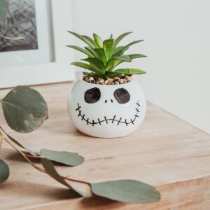 Toynk Disney The Nightmare Before Christmas Jack Skellington 3-Inch Ceramic Mini Planter with Artificial Succulent | Small Flower Pot, Faux Indoor Plants for Desk Shelf, Home Decor Trinket Tray