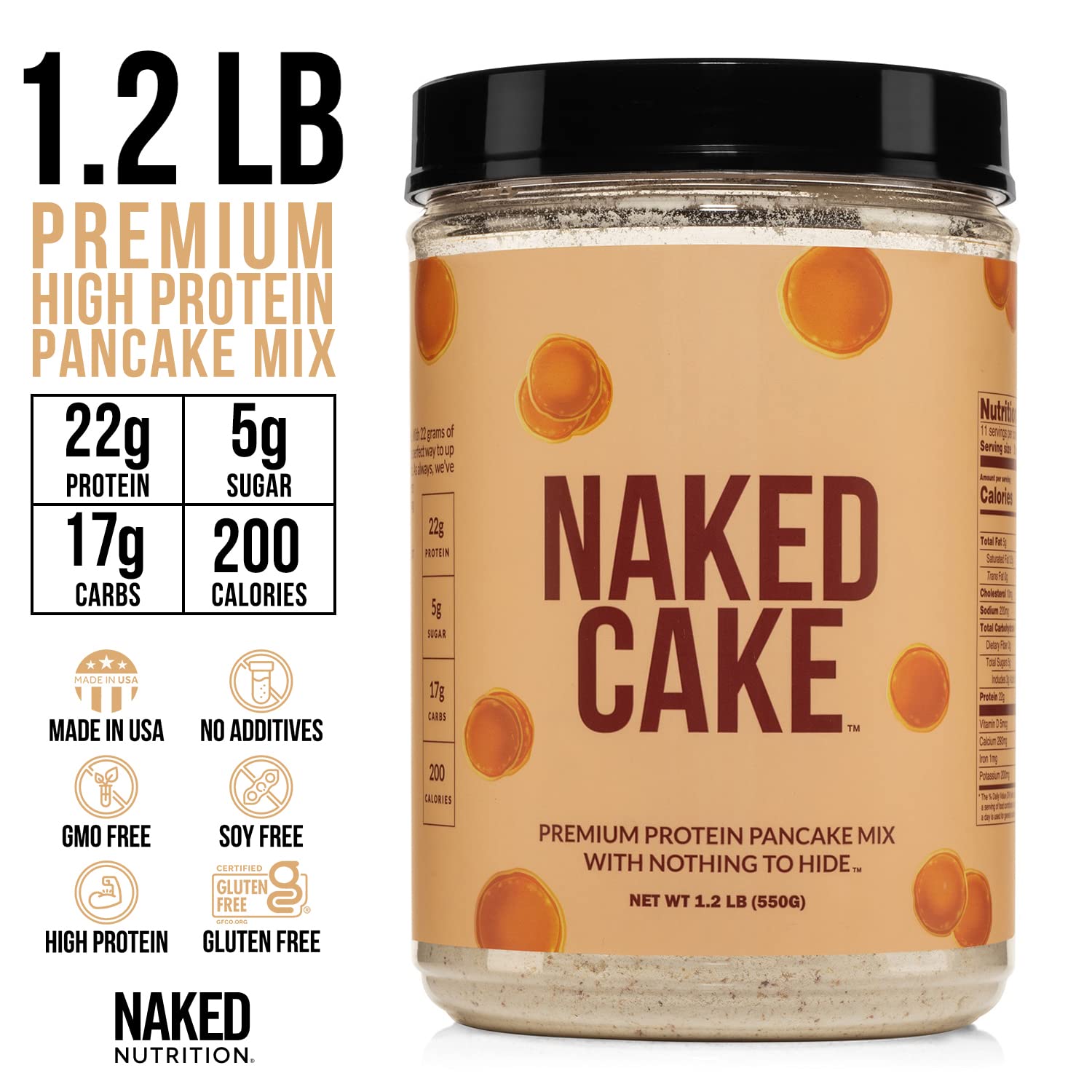 Naked Cake - High Protein Pancake & Waffle Mix, 22G Protein Per Serving, Gluten Free, Non-Gmo, No Soy, No Artificial Sweeteners, Flavors Or Colors - 1.2 Lb (Buttermilk)