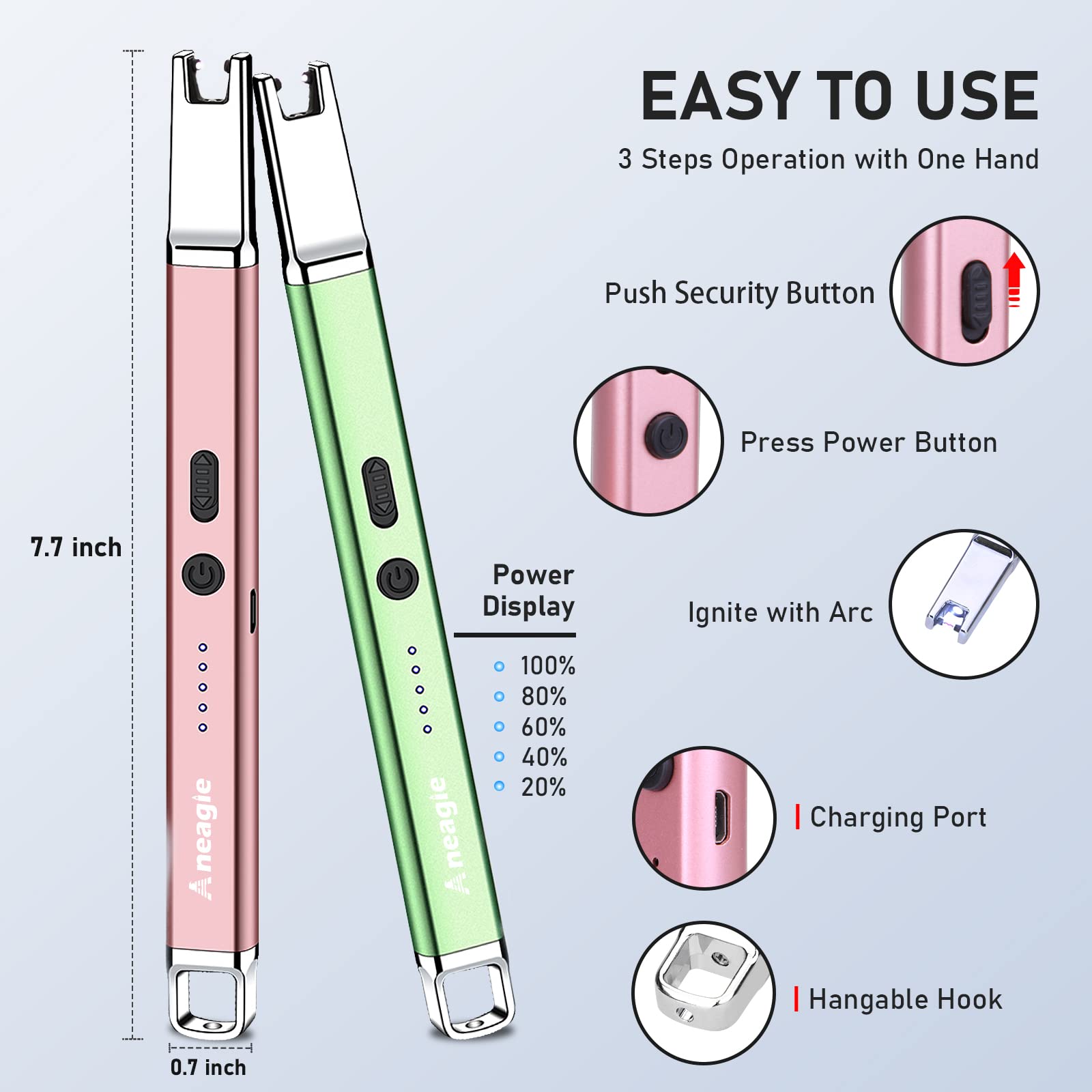 Aneagle Lighter Electric Candle Lighter 2 packs Upgraded Rechargeable Candle Lighter with LED Flashlight Windproof Flameless and Hanging Hook LED Battery Display Arc Lighter for Candle Grill Camping