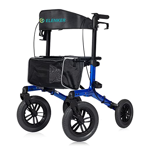 ELENKER All-Terrain Rollator Walker with Non-Pneumatic Tire 12” Front Rubber Wheels, Compact Folding Design for Seniors, Blue