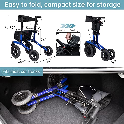 ELENKER All-Terrain Rollator Walker with Non-Pneumatic Tire 12” Front Rubber Wheels, Compact Folding Design for Seniors, Blue