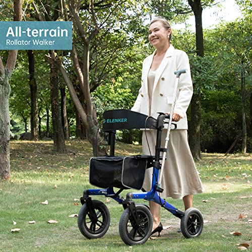 ELENKER All-Terrain Rollator Walker with Non-Pneumatic Tire 12” Front Rubber Wheels, Compact Folding Design for Seniors, Blue