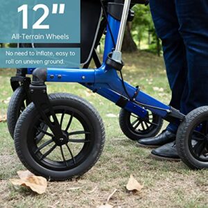 ELENKER All-Terrain Rollator Walker with Non-Pneumatic Tire 12” Front Rubber Wheels, Compact Folding Design for Seniors, Blue