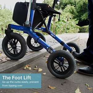 ELENKER All-Terrain Rollator Walker with Non-Pneumatic Tire 12” Front Rubber Wheels, Compact Folding Design for Seniors, Blue