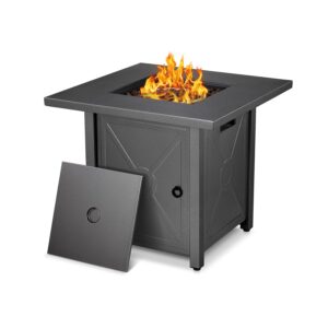 xbeauty propane fire pit table, 28" outdoor gas fire pit table, 40,000 btu auto-ignition fire tables with lid, rain cover and 3 pounds lava stones for outside garden backyard deck patio (square)