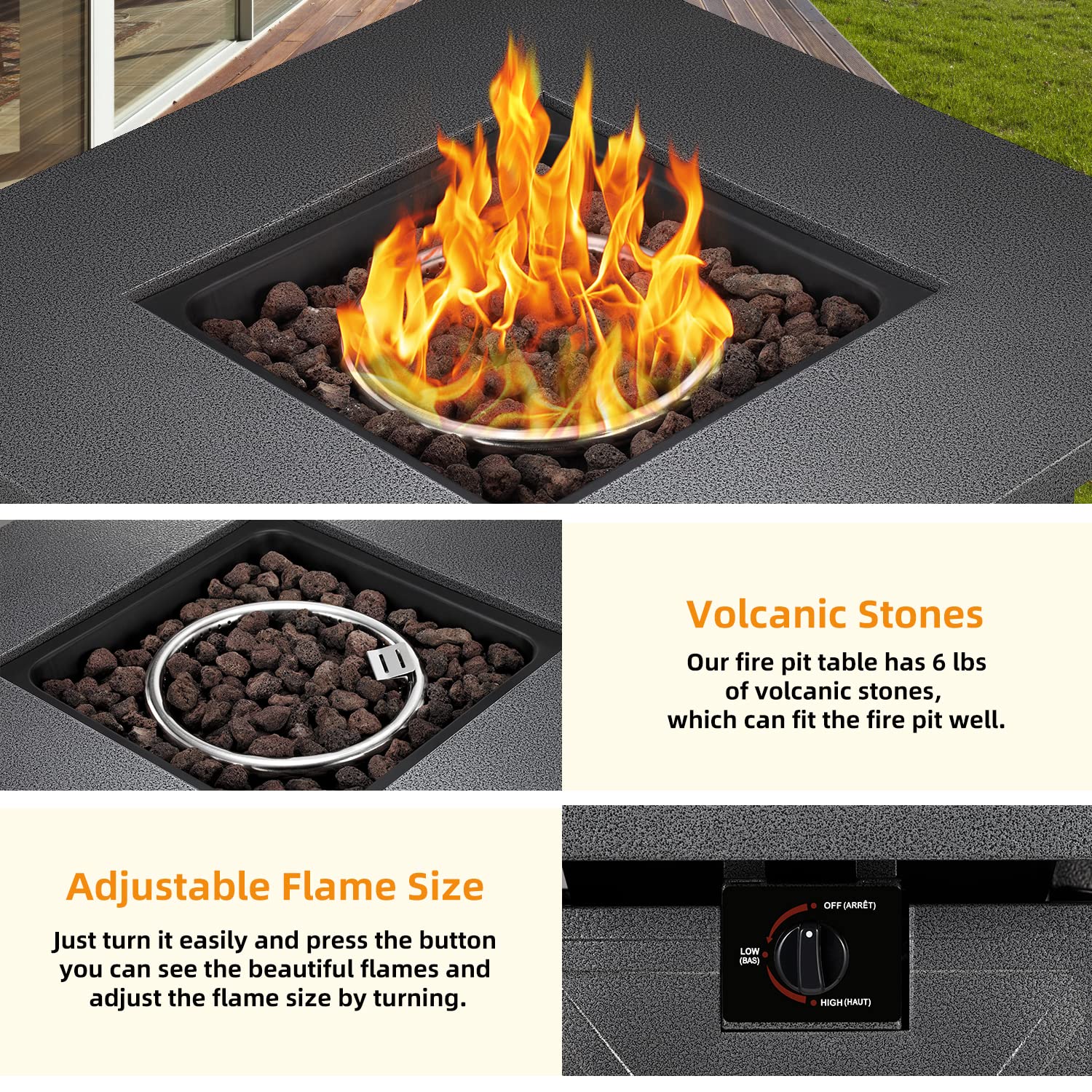 Xbeauty Propane Fire Pit Table, 28" Outdoor Gas Fire Pit Table, 40,000 BTU Auto-Ignition Fire Tables with Lid, Rain Cover and 3 Pounds Lava Stones for Outside Garden Backyard Deck Patio (Square)