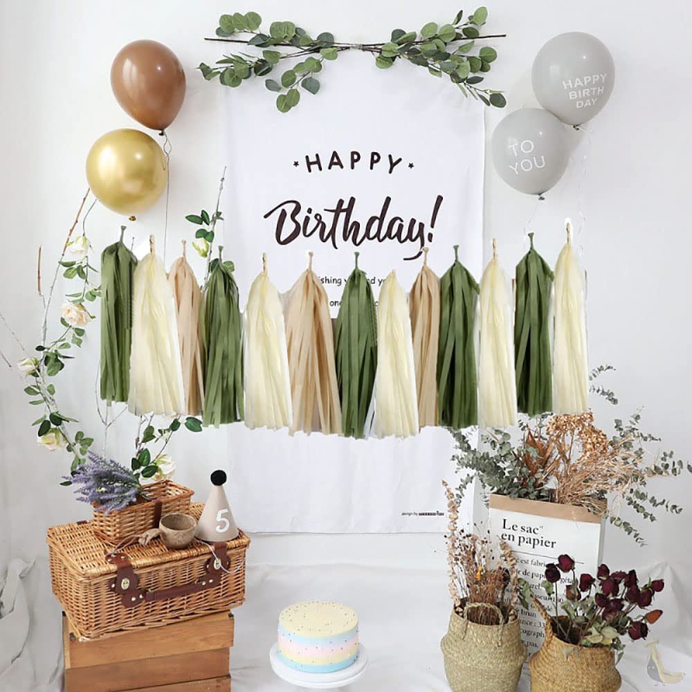 15 Pcs DIY Olive Green Tan Brown Nude Cream Tissue Paper Tassel Garland Party Banner for Eucalyptus Greenery Baby Shower Woodland Jungle Tropical Nature Theme Birthday Wedding Party Decoration